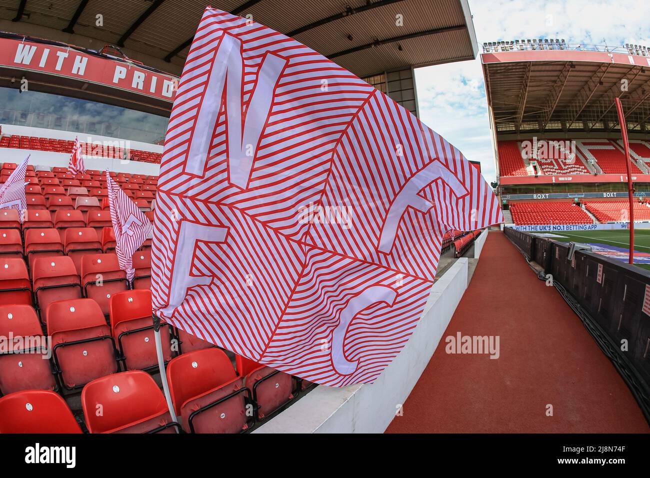 Nottingham Forest flags in The Trent End at the City Ground Stock Photo ...