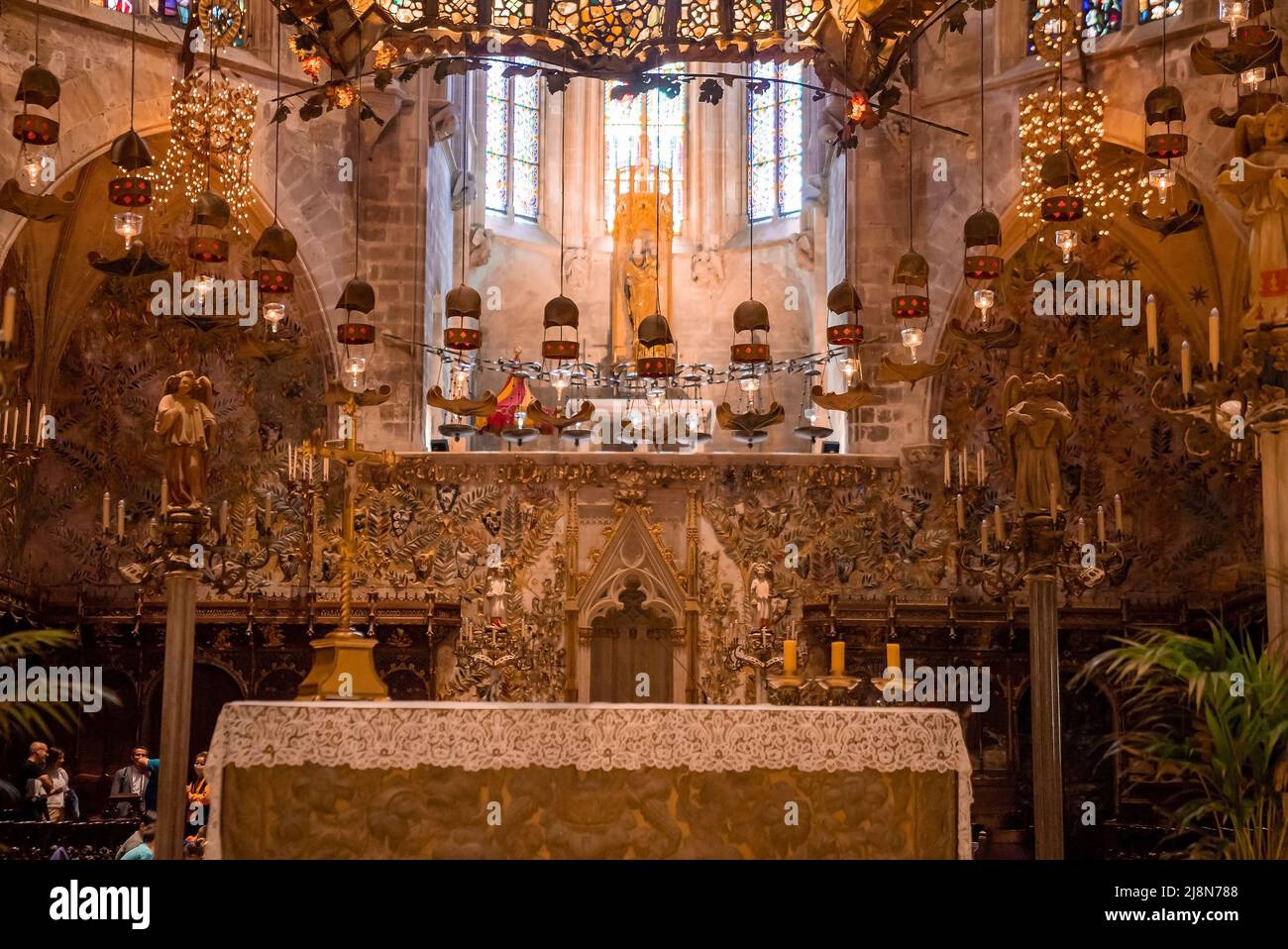 View of lights on beautiful altar at gothic La Seu Cathedral Stock ...