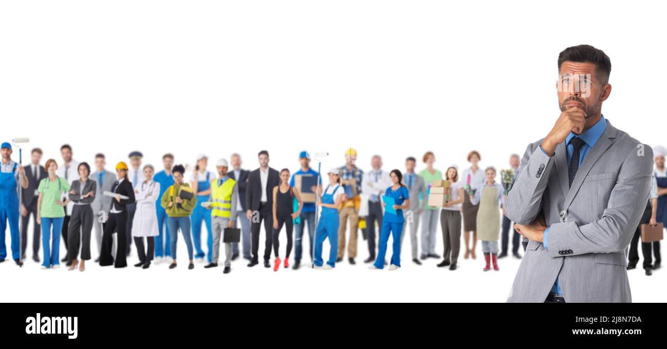 Business man thinking about profession, many people of different ...