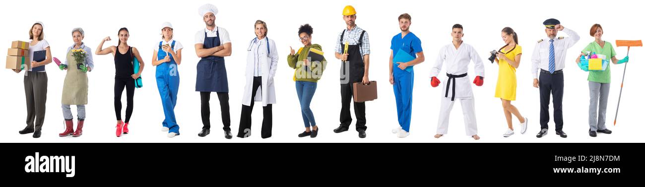 Collage with different profession people on white background sedign ...