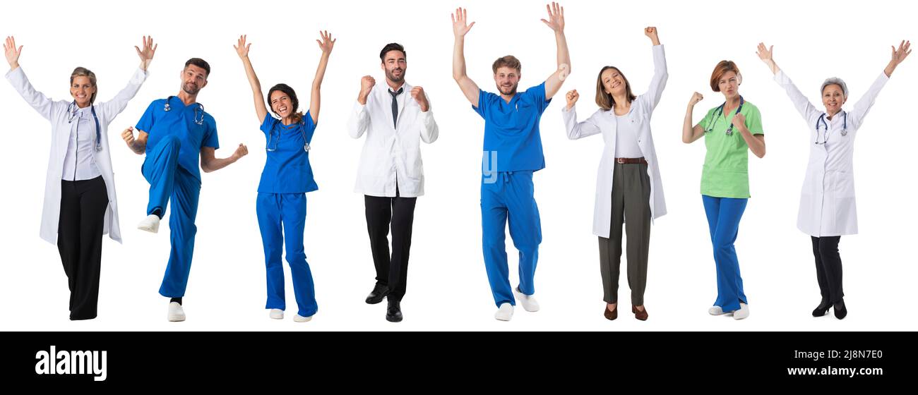 Set collection of full length portraits of happy doctors and nurses ...