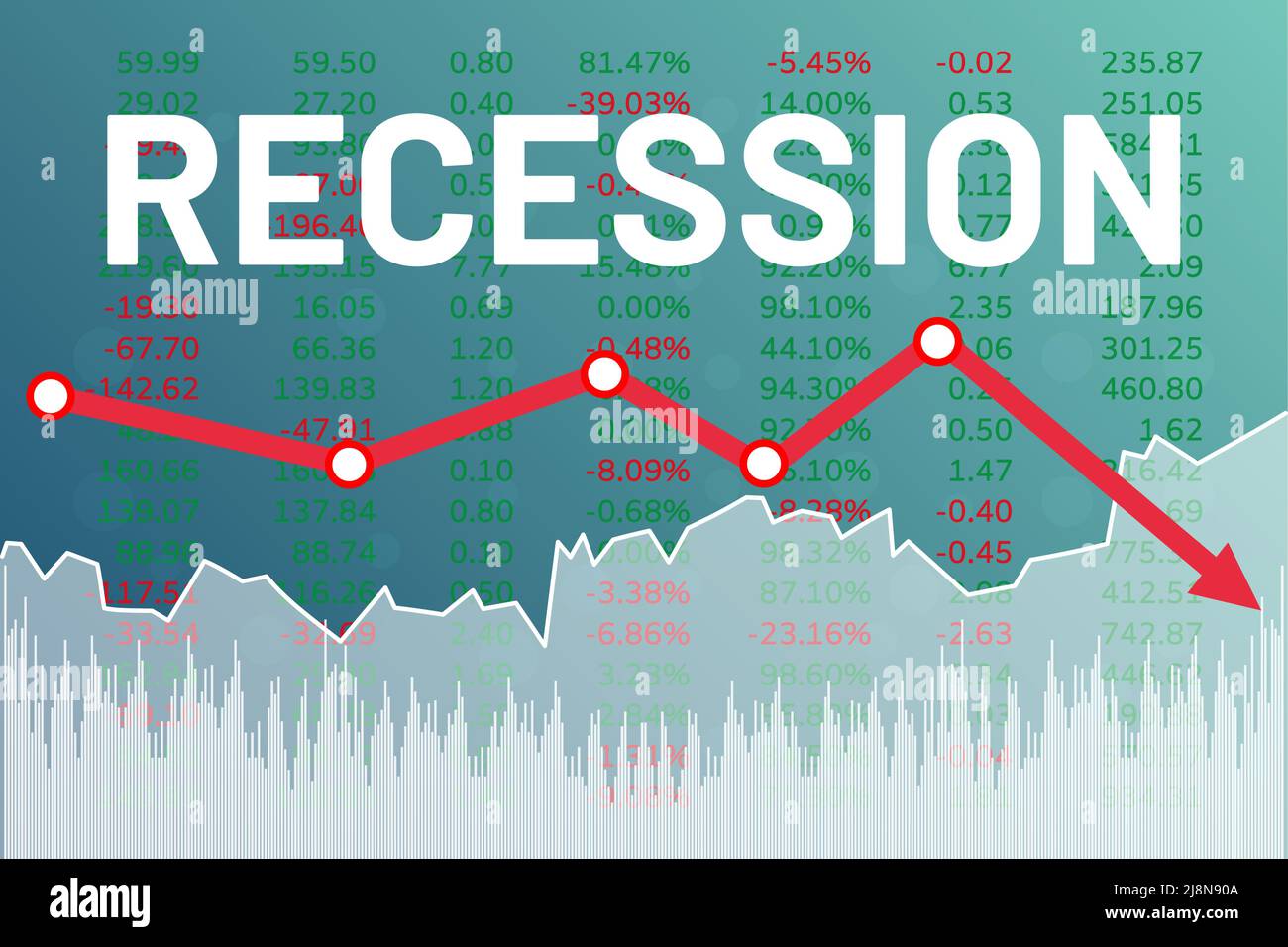 Word Recession on blue finance background with red arrow down. Global ...