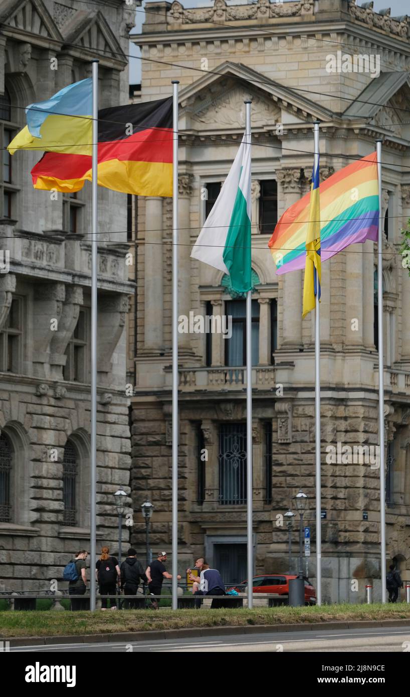 Leipzig, Germany. 17th May, 2022. In front of the city hall flies a ...