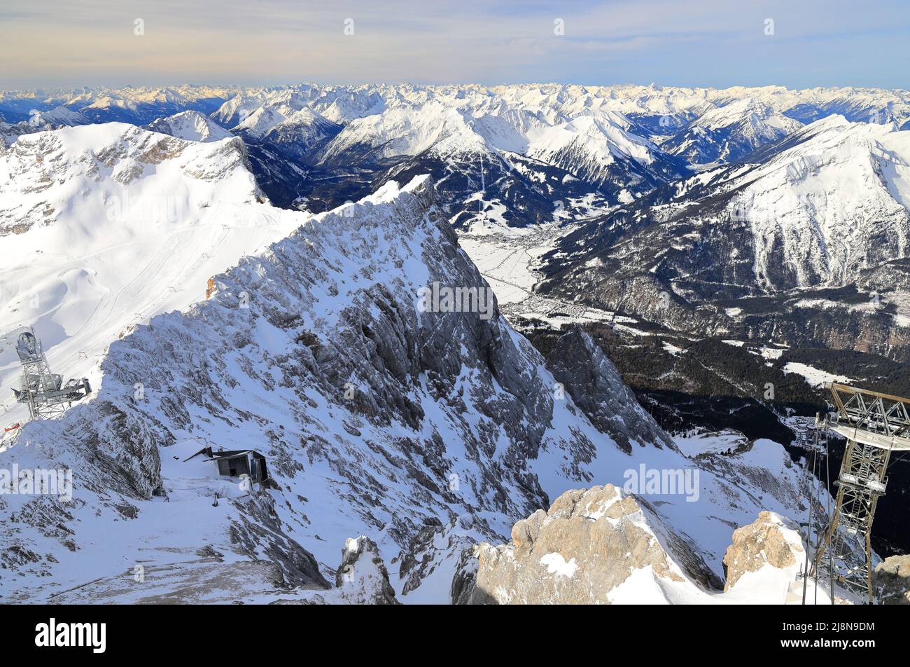 Panorama view of snow mountain from Zugspitze - the highest point of ...