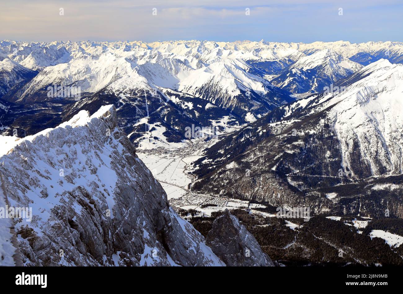 Panorama view of snow mountain from Zugspitze - the highest point of ...
