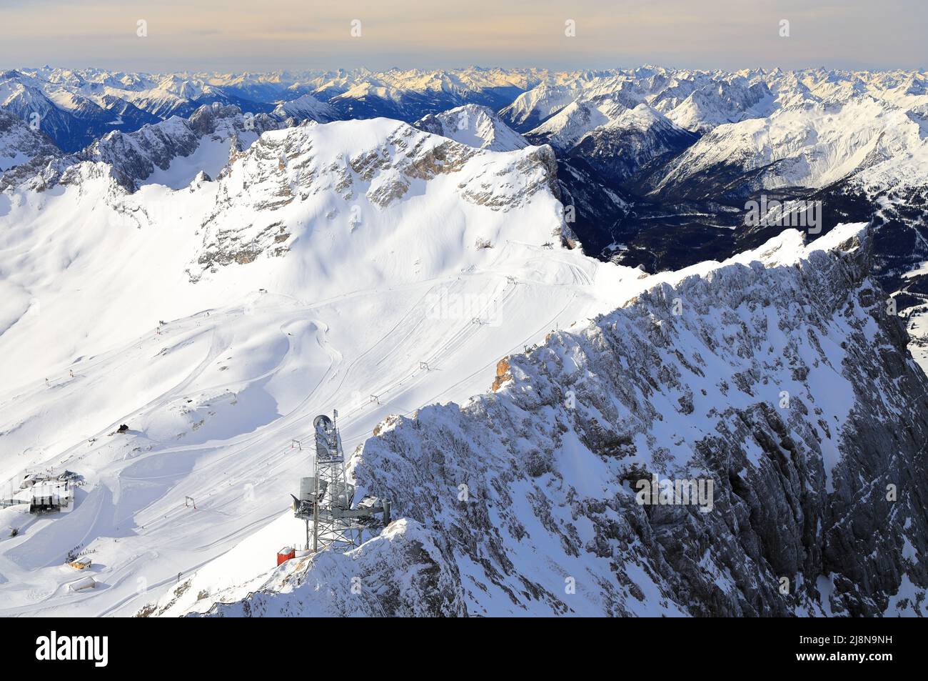 Panorama view of snow mountain from Zugspitze - the highest point of ...