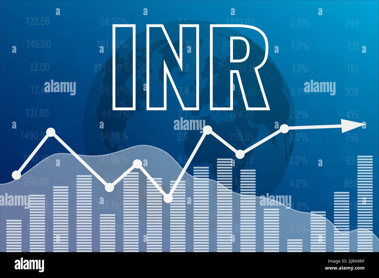 Word INR (Indian rupee) on blue finance background. Currency market ...