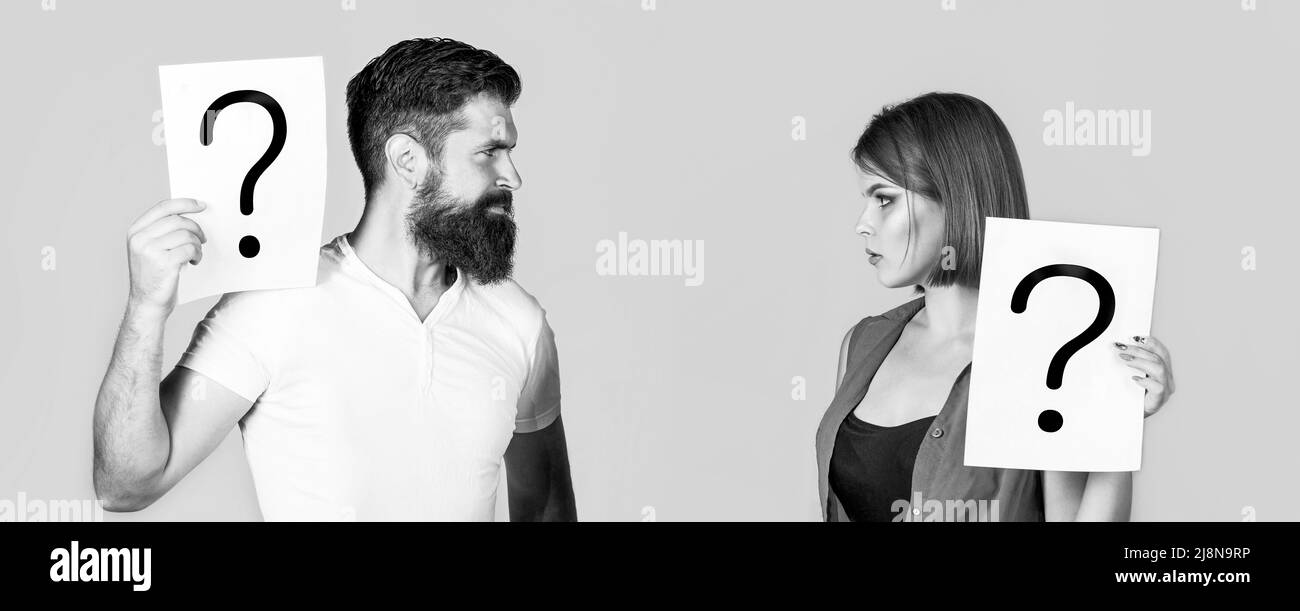 Confused couples with question marks. Conflict between two people ...