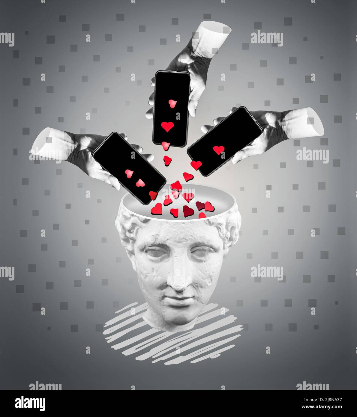 Modern gadget and classic statue. Hands aesthetic on bright background ...