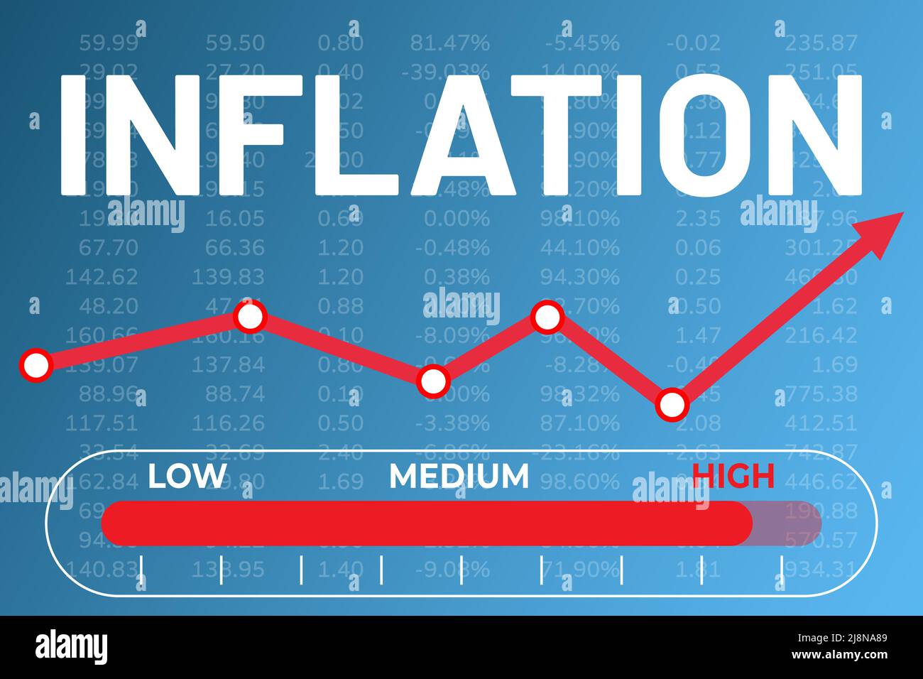 Inflation graph with red arrow on blue finance background. Financial ...