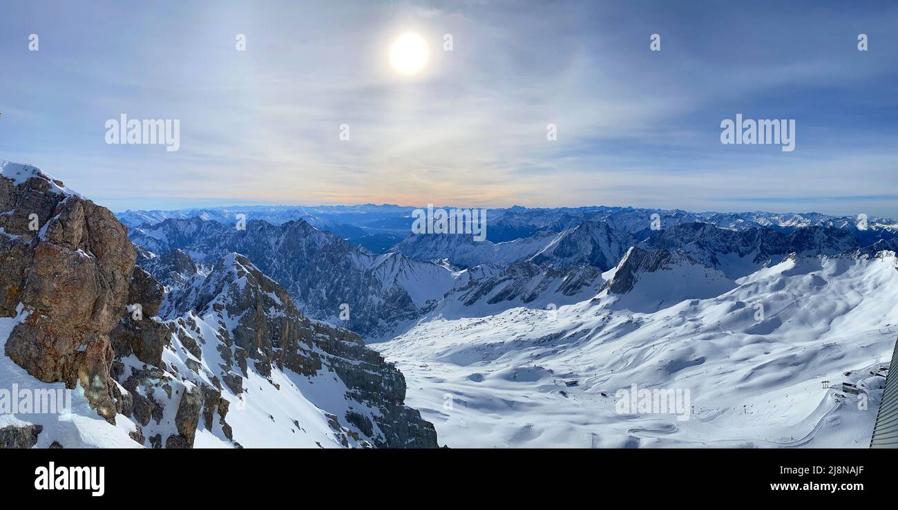 Panorama view of snow mountain from Zugspitze - the highest point of ...