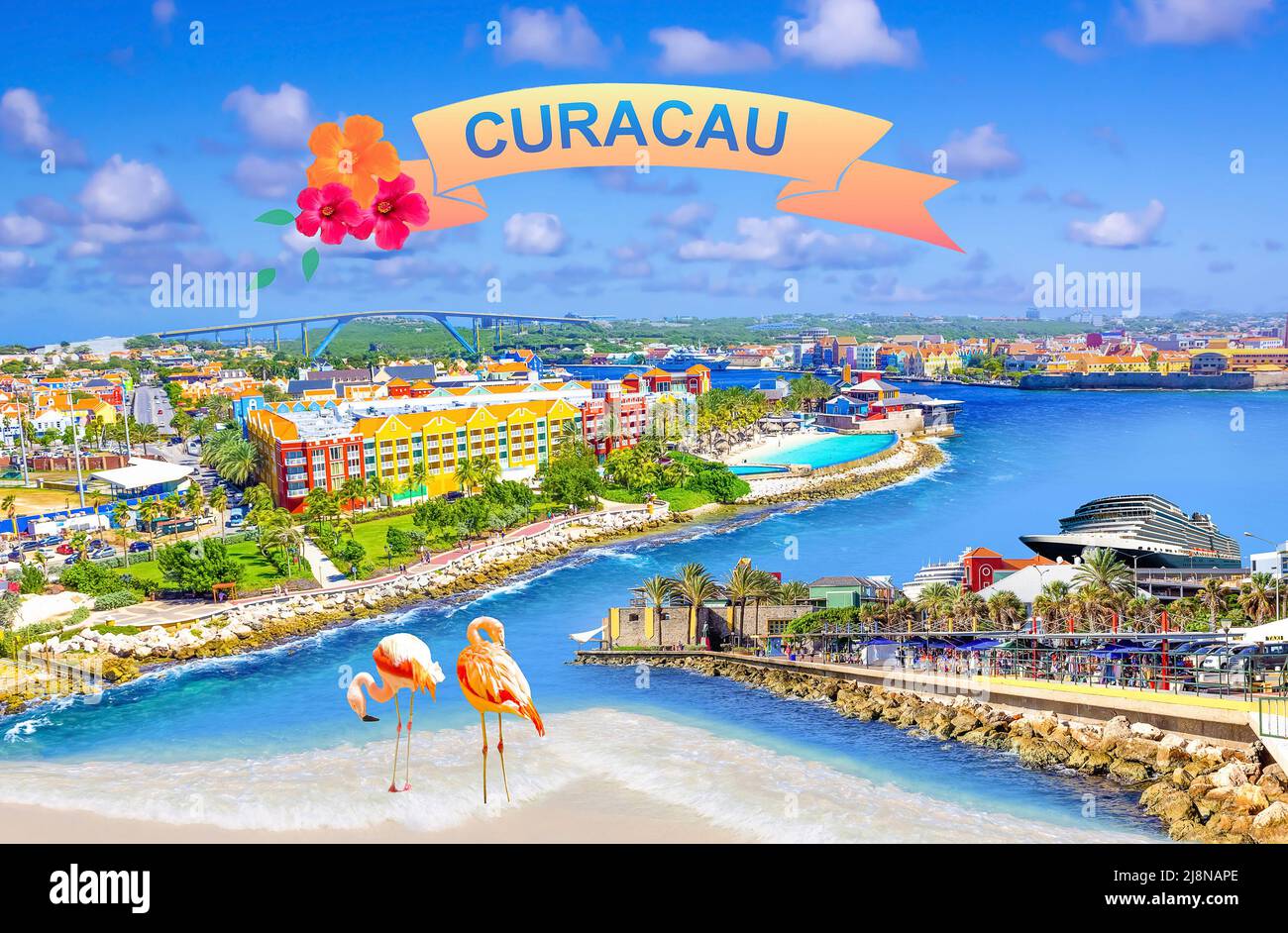 Collage with aerial panorama of Willemstad town in Curacao - The island ...