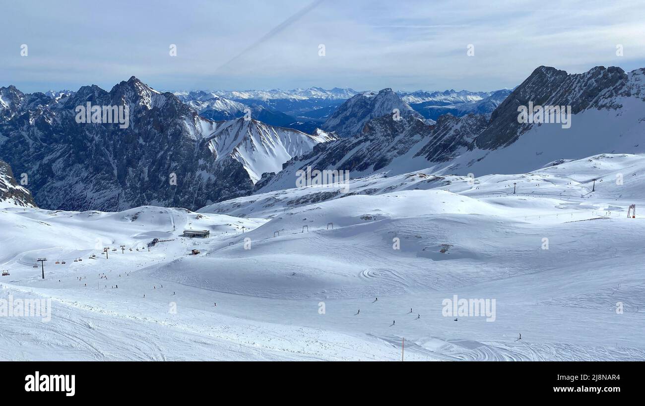 Panorama view of snow mountain from Zugspitze - the highest point of ...