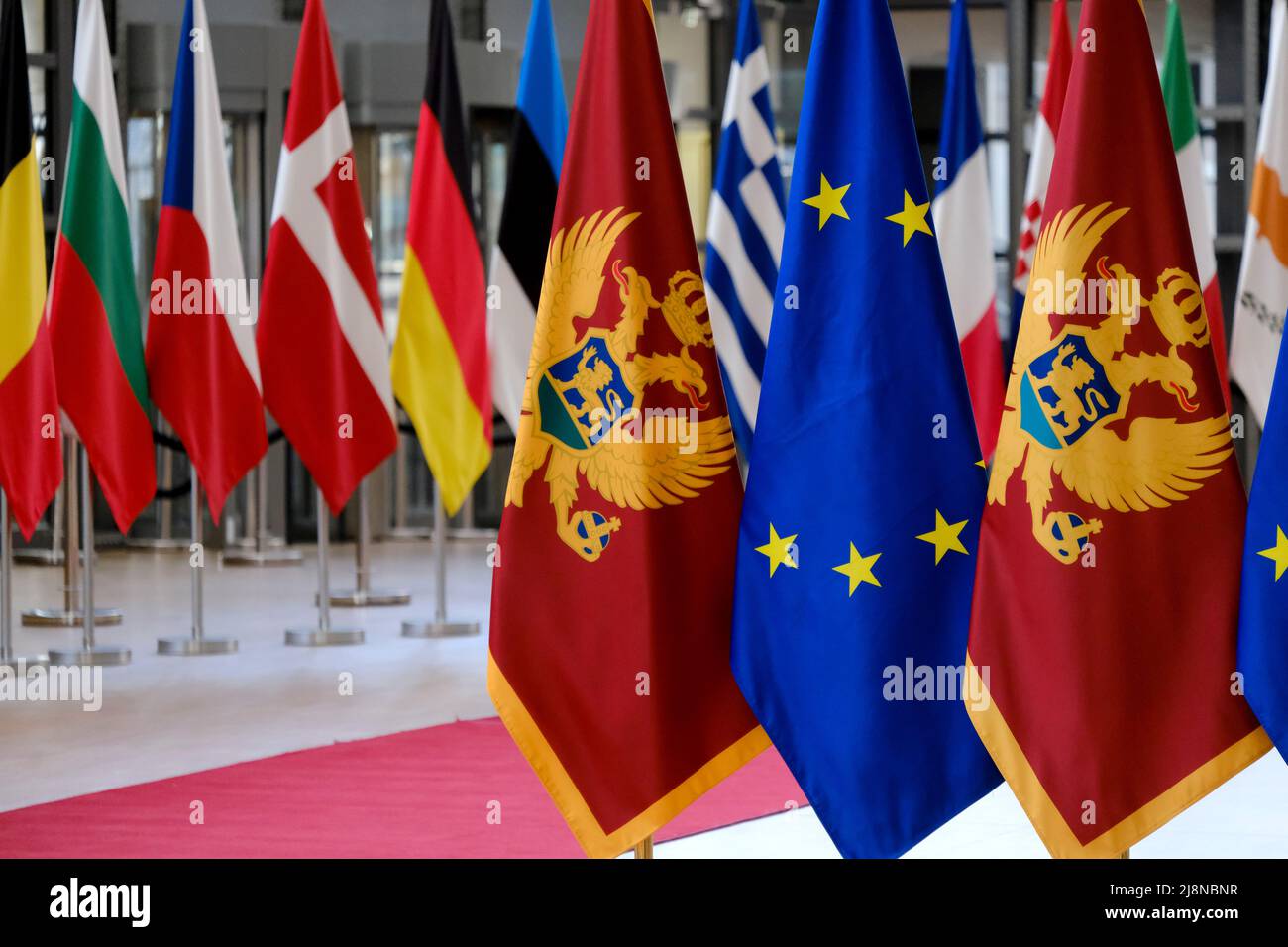 Flags of Montenegro and flags of EU stand in EU Council building in ...
