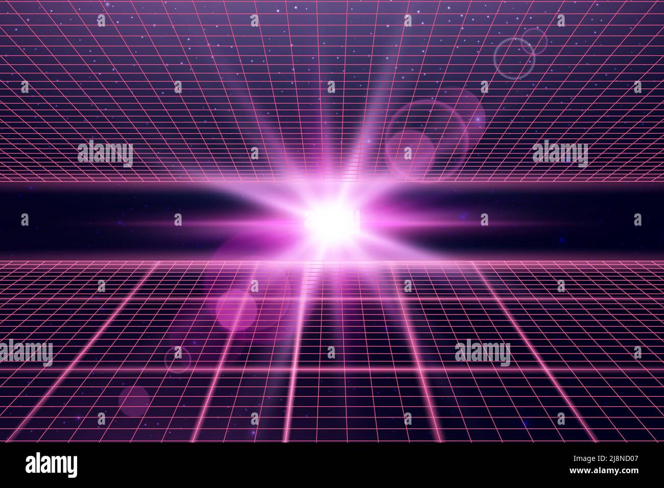 Wireframe perspective grid with lens flare. Space neon infinity mesh ...