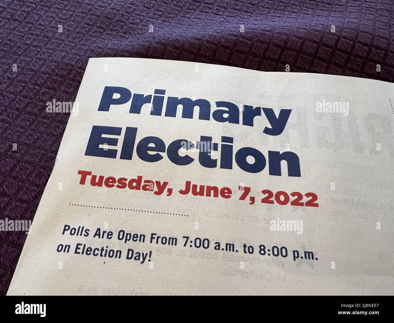 USA. 06th May, 2022. Text reading Primary Election on voter information ...