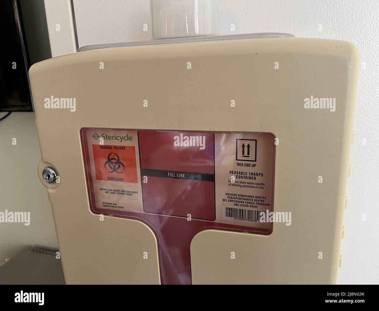 USA. 17th Mar, 2022. Medical sharps hazardous waste disposal container ...