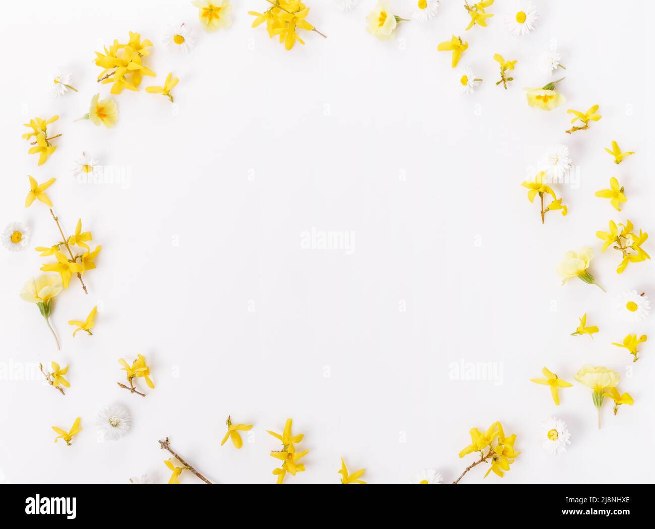 Spring frame of small flowers and daisy, floral arrangement Stock Photo ...