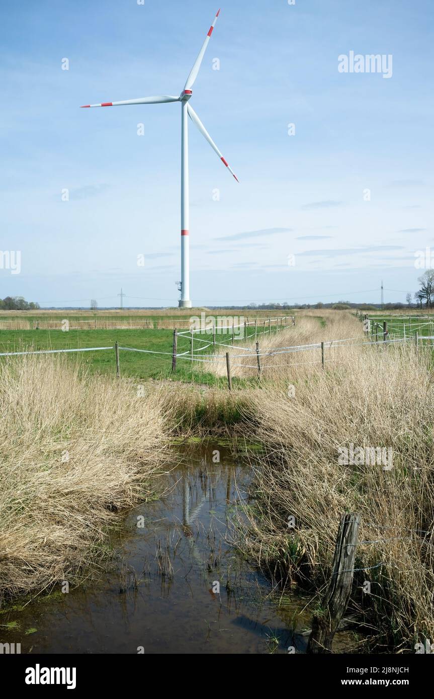 Wind turbine in a field divided by a ditch filled with water, in the ...