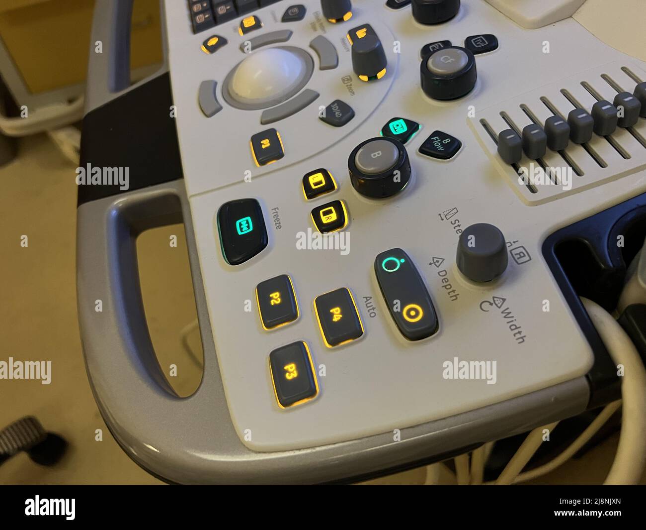 Close-up of the control panel of a General Electric ultrasound machine ...