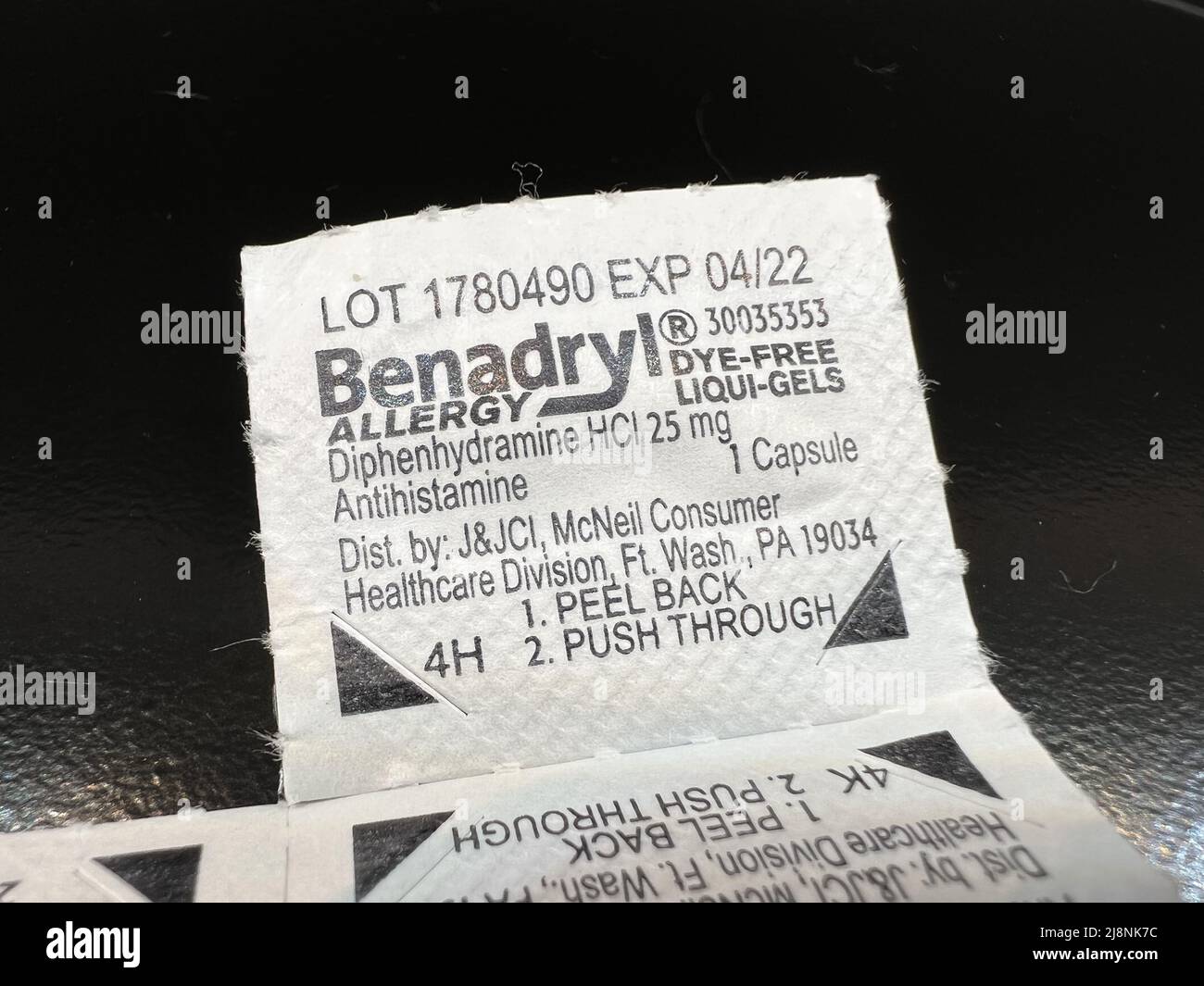 Close-up of capsules of Benadryl in blister pack, Lafayette, California ...