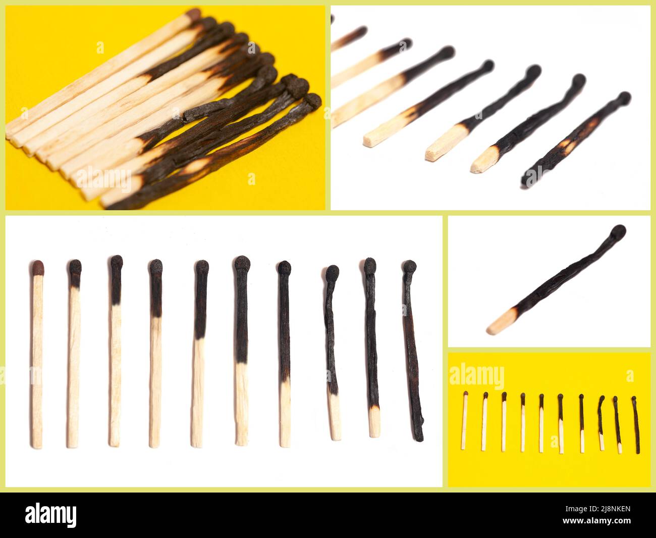 Collage with different stages of match burning. Burnt matches Stock ...