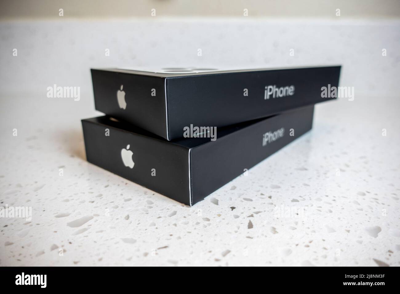 Seattle, WA USA - circa May 2022: View of two iPhone 13 Pro boxes on a ...