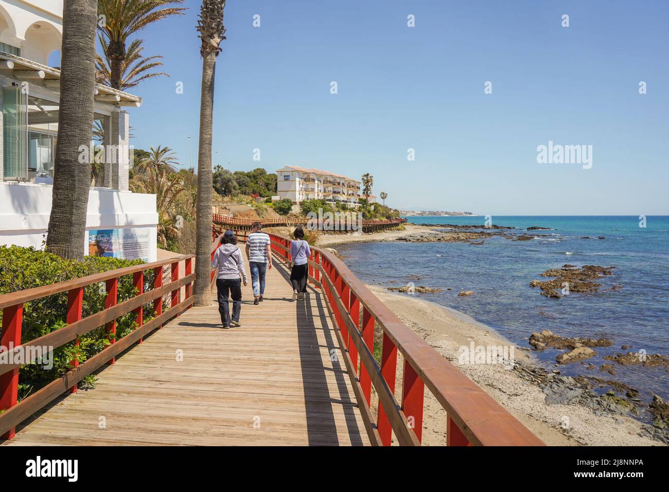Wooden boardwalk, walkway, seafront promenade, connecting beaches of ...