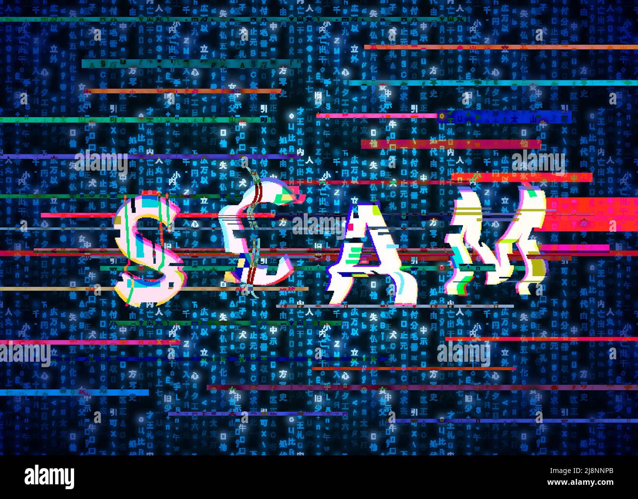 Glitch SCAM word on blue matrix, digital fraud concept illustration ...