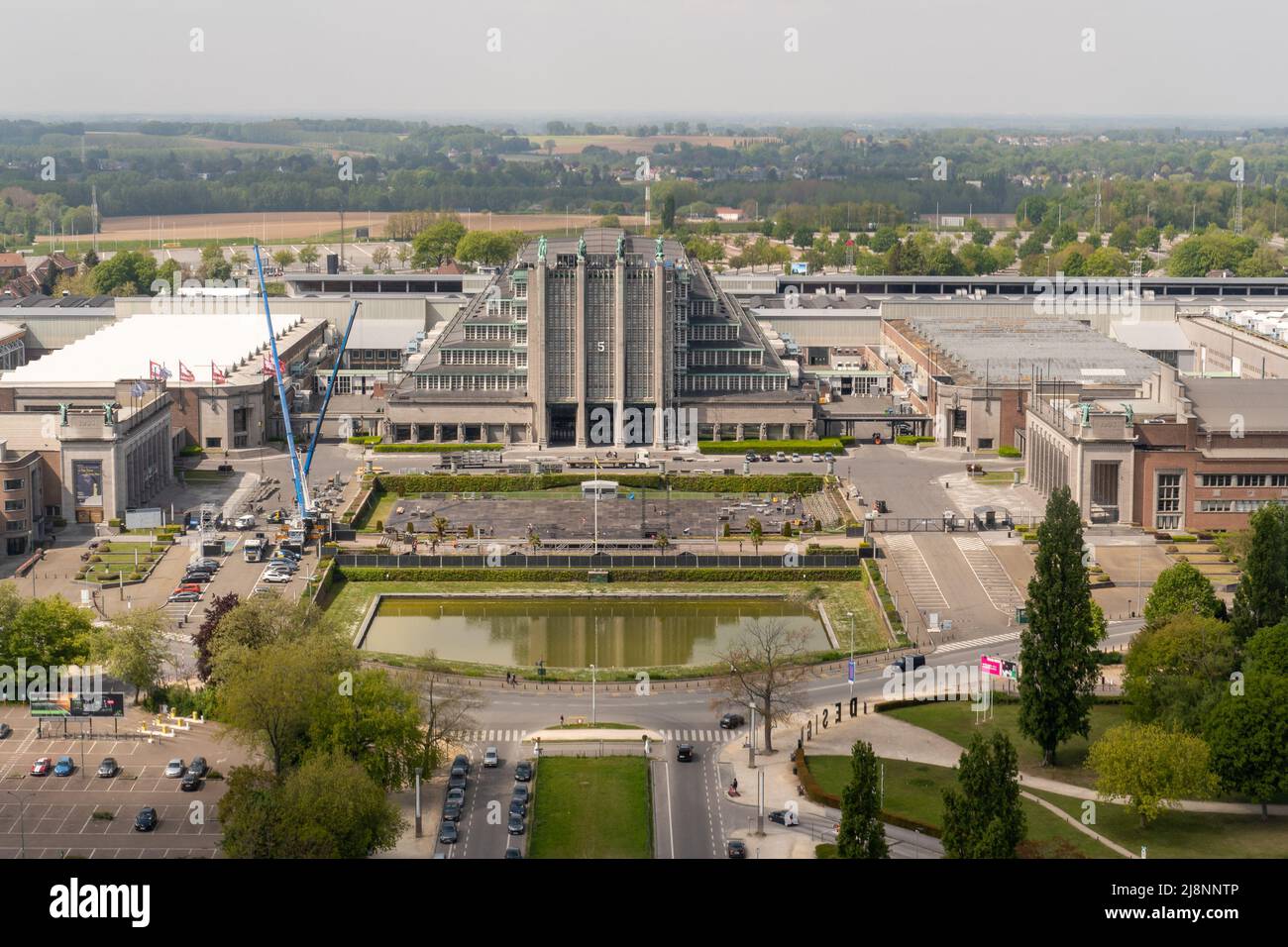Brussels, Belgium, May 4, 2022. Heizel Palace 5 seen from the Atomium ...