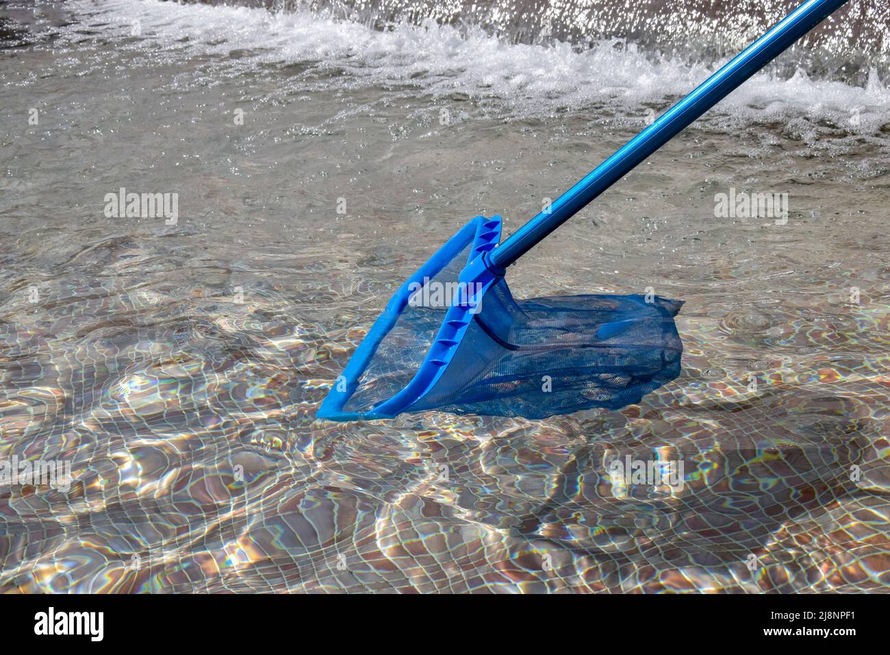 Cleaning pool, city fountain from garbage with special net. Clear water ...