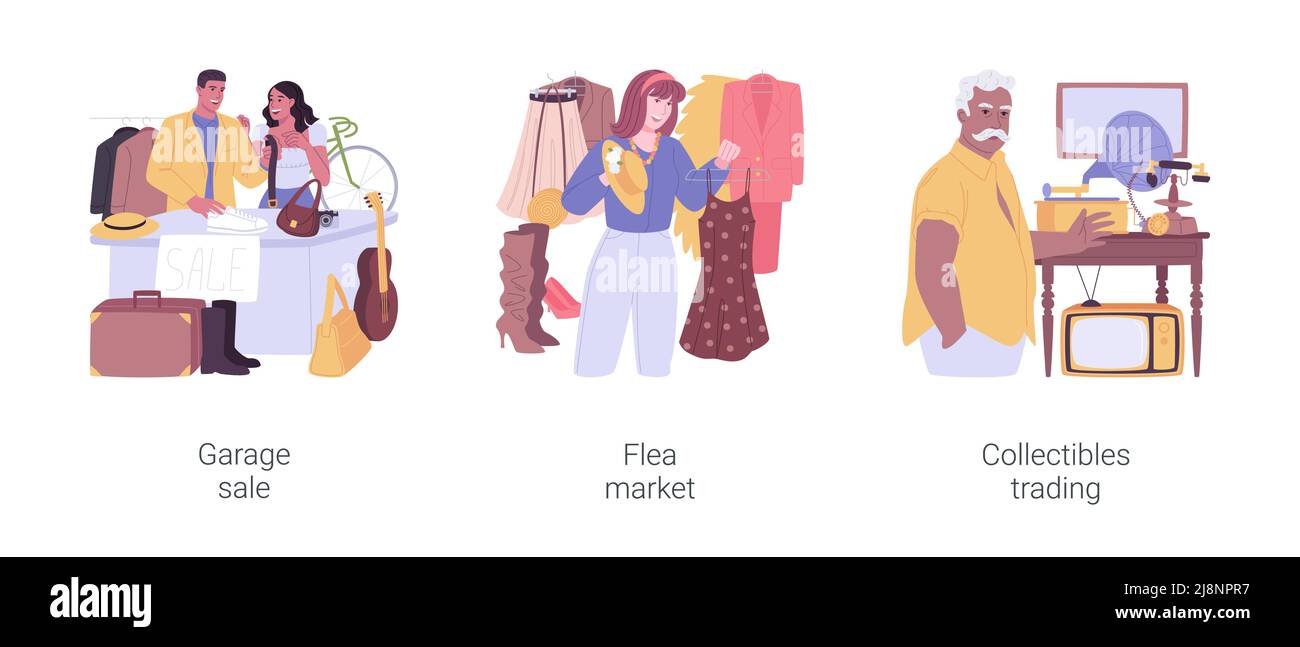 Buying used goods isolated cartoon vector illustrations set Stock ...