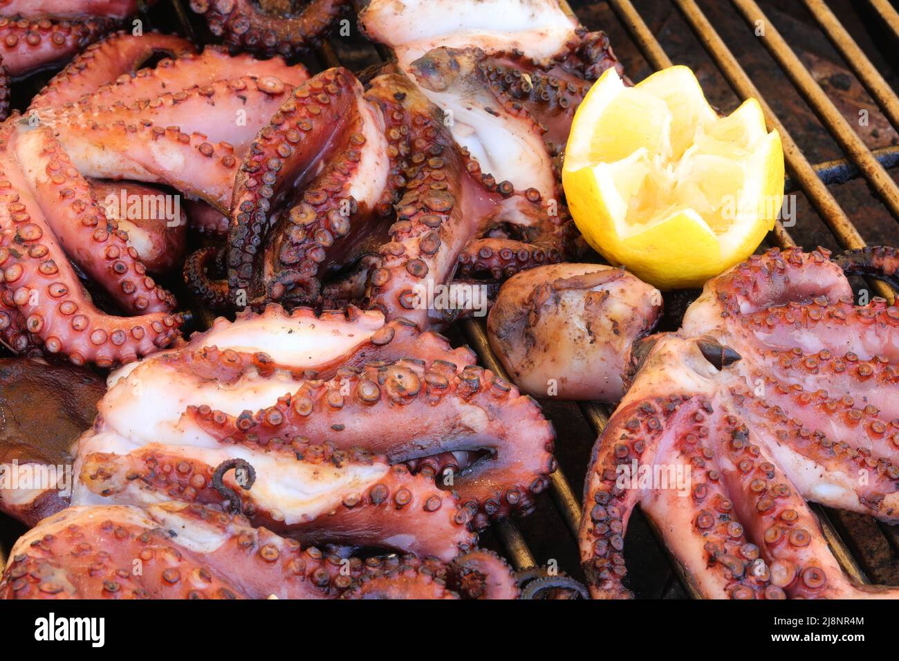 grilled many octopuses with tentacles and lemon decoration in the ...