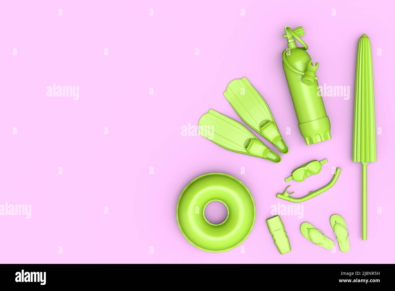 Colorful scuba stuff and beach accessories like umbrella, flip flops ...