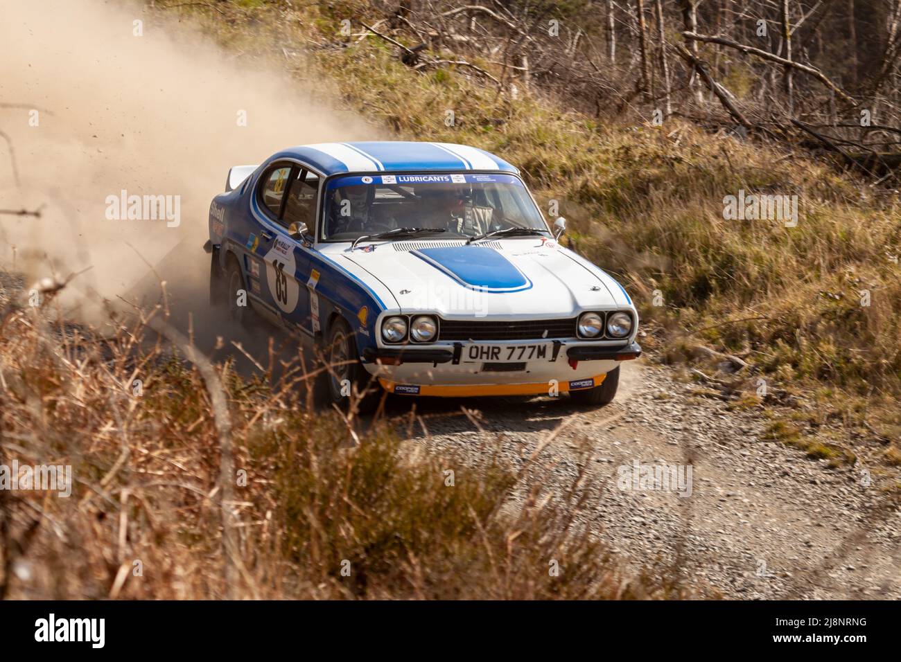 MkI Ford Capri 3.0 GT historic rally car races along a forest track on ...