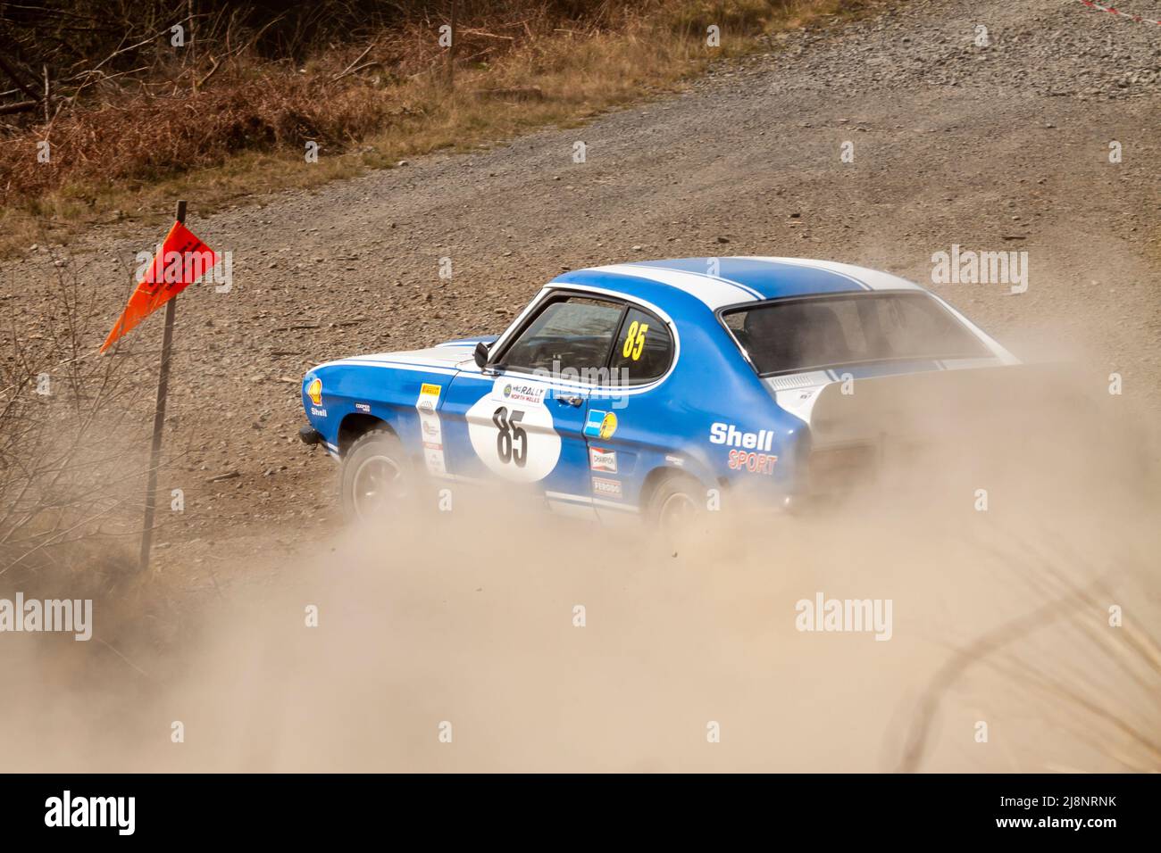 MkI Ford Capri 3.0 GT historic rally car races along a forest track on ...