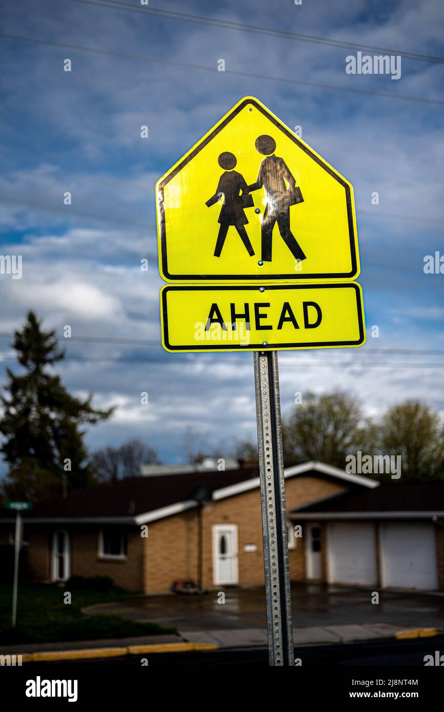 Pedestrian Crossing Warning Sign in the Street Stock Photo - Alamy