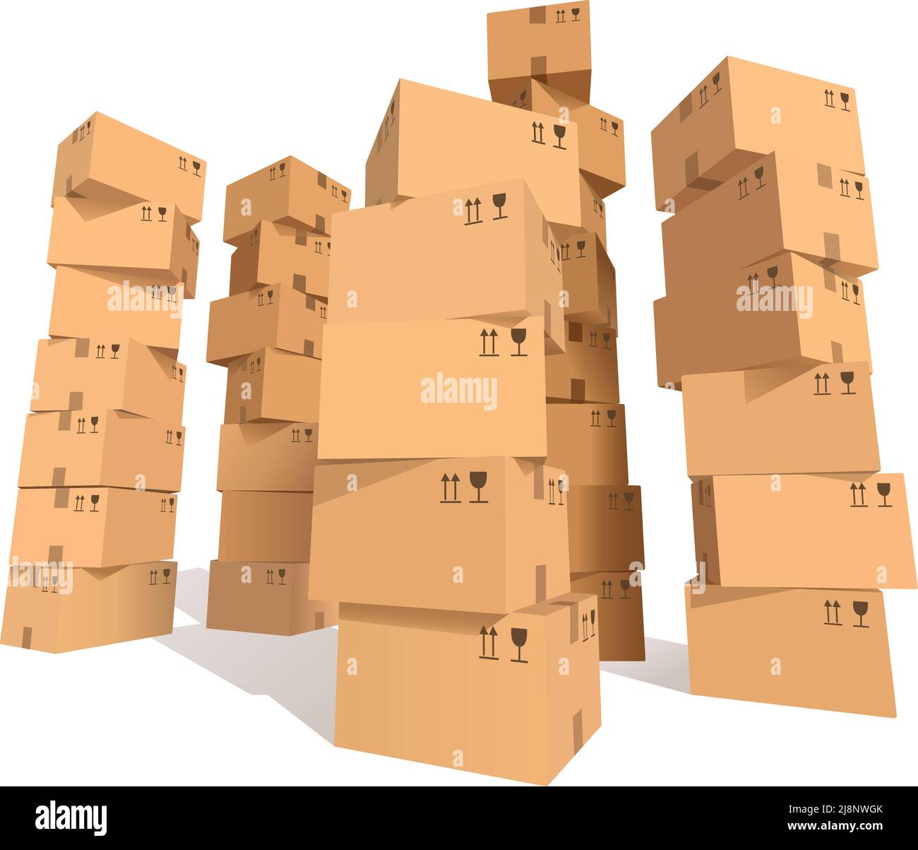 Cardboard boxes stacks. Stacked set of packages with symbols. Graphic ...