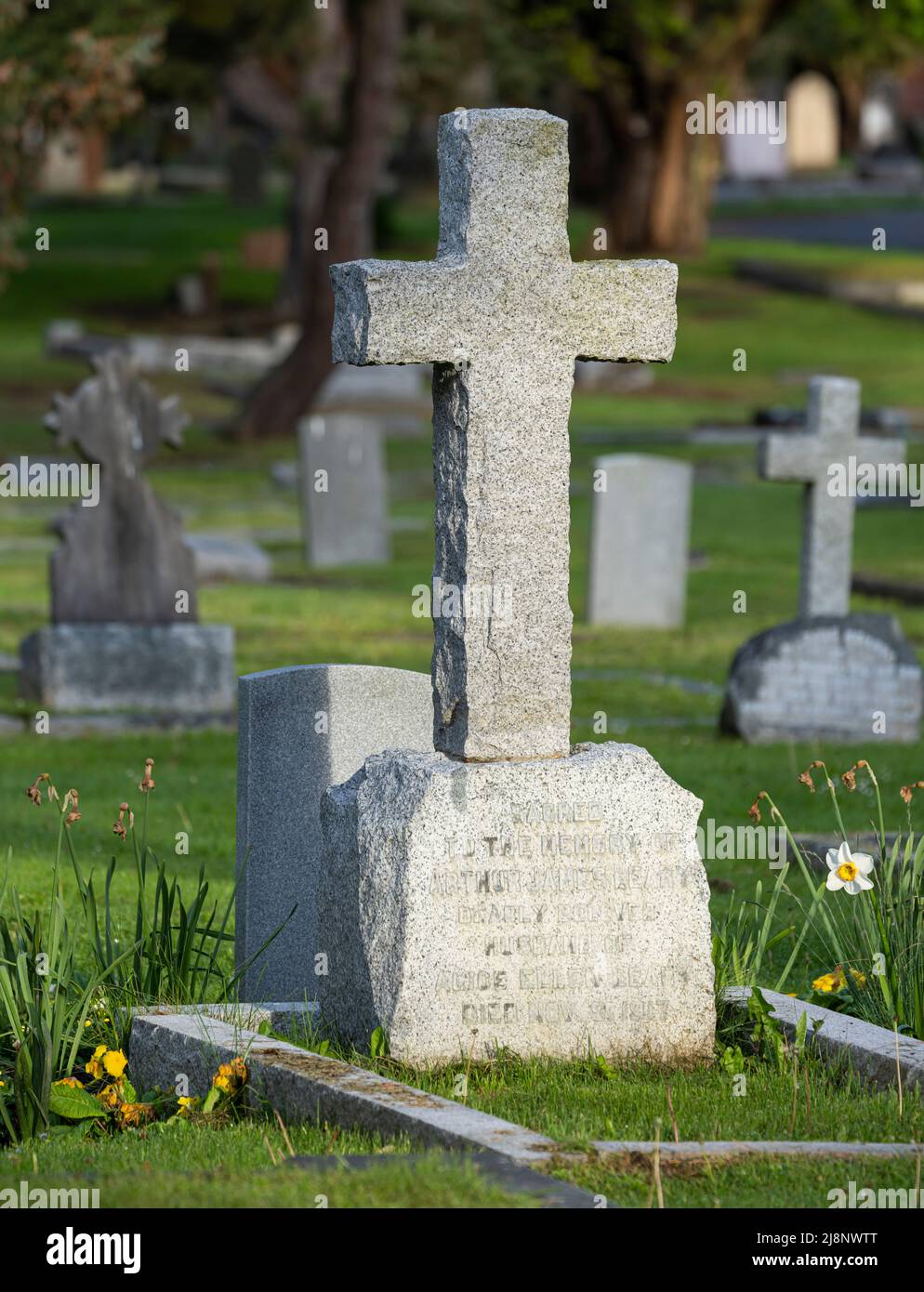 A stone cross grave marker in Ross Bay Cemetery in Victoria, British ...