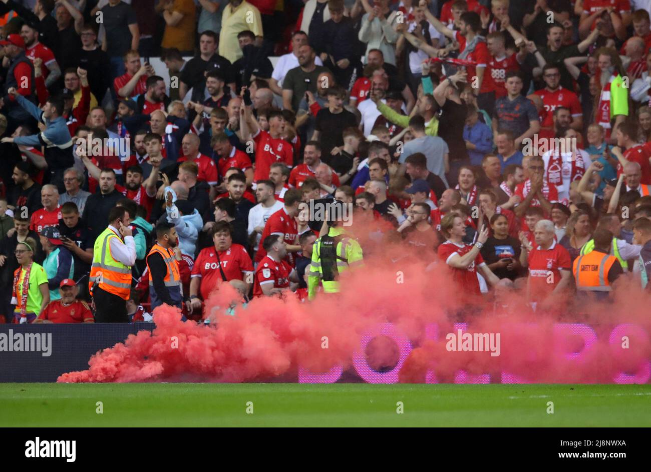 Nottingham, UK. 17th May, 2022. A smoke bomb on the pitch during the ...