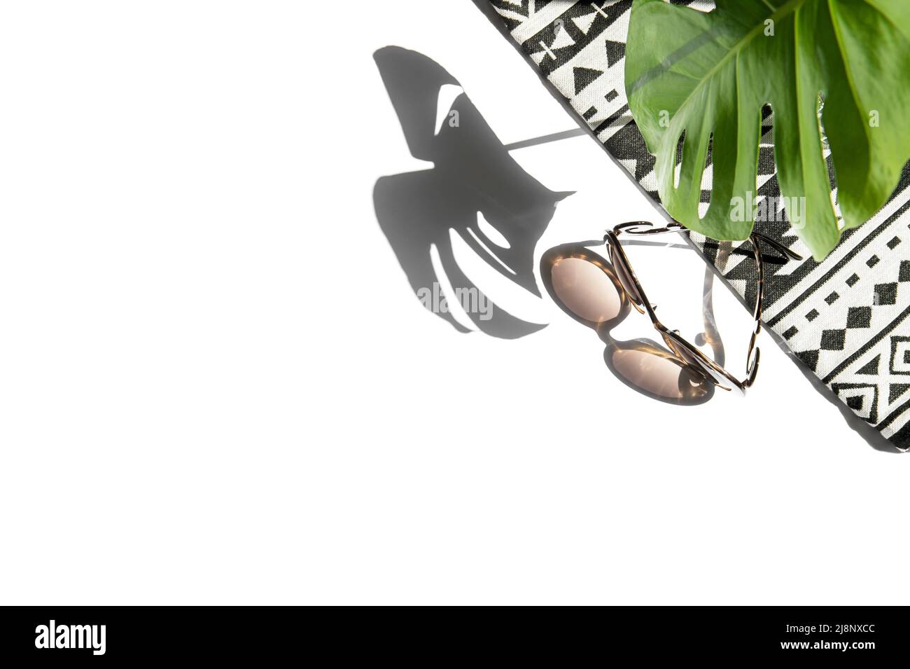 Fashion summer flat lay template. Monstera leaf and sunglasses Stock ...