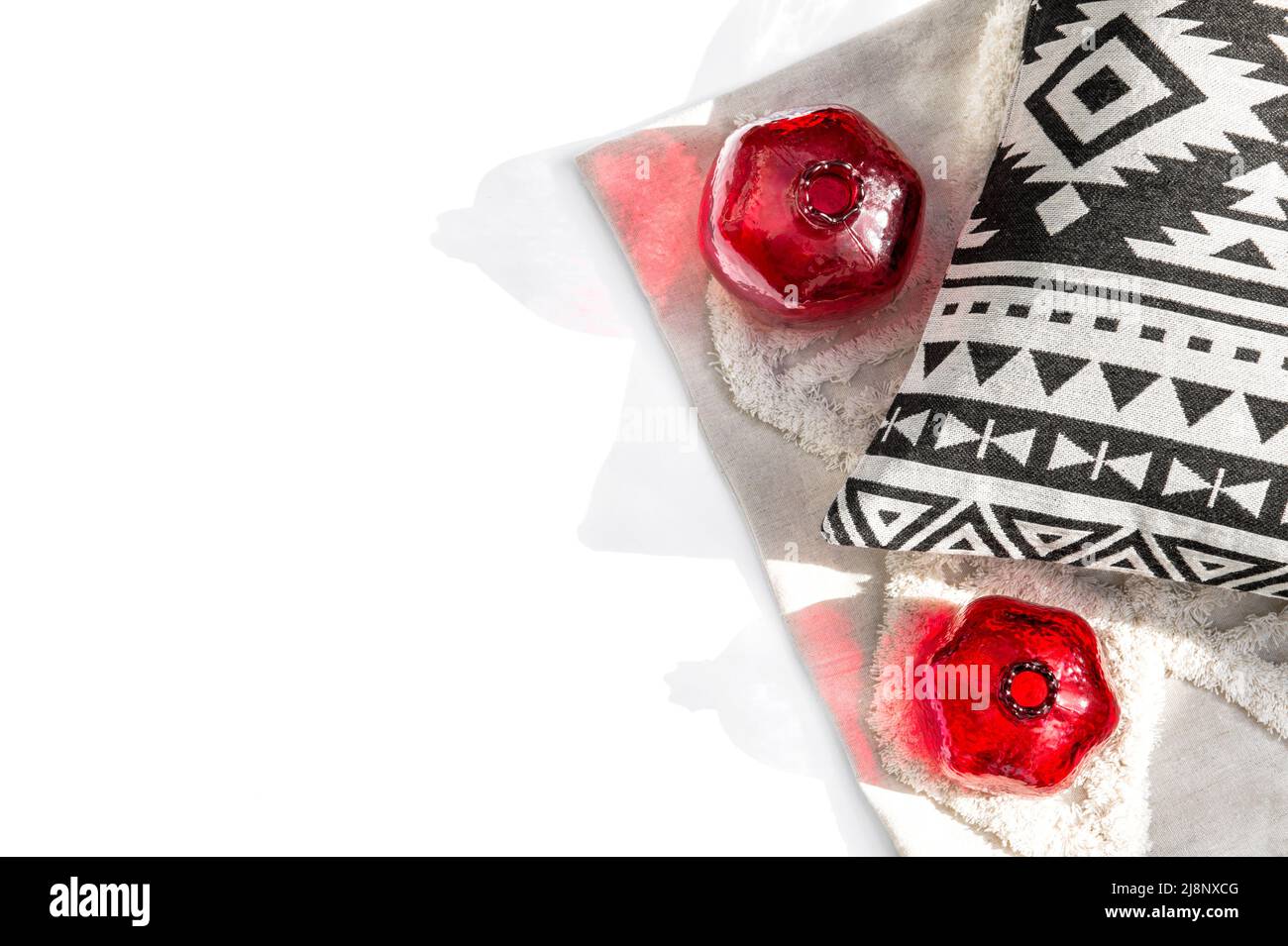 Fashion flat lay template. Red decoration vase and pillow Stock Photo ...