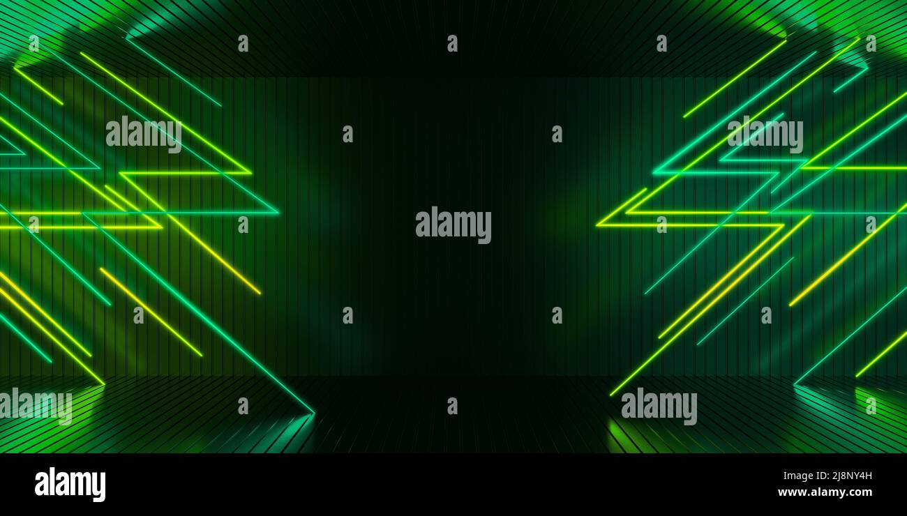 Dark background stage, copy space, colorful neon green lights, bright ...