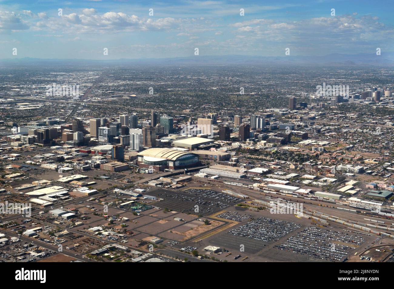 Aerial view of Phoenix, Arizona, from an aircraft window as the plane ...
