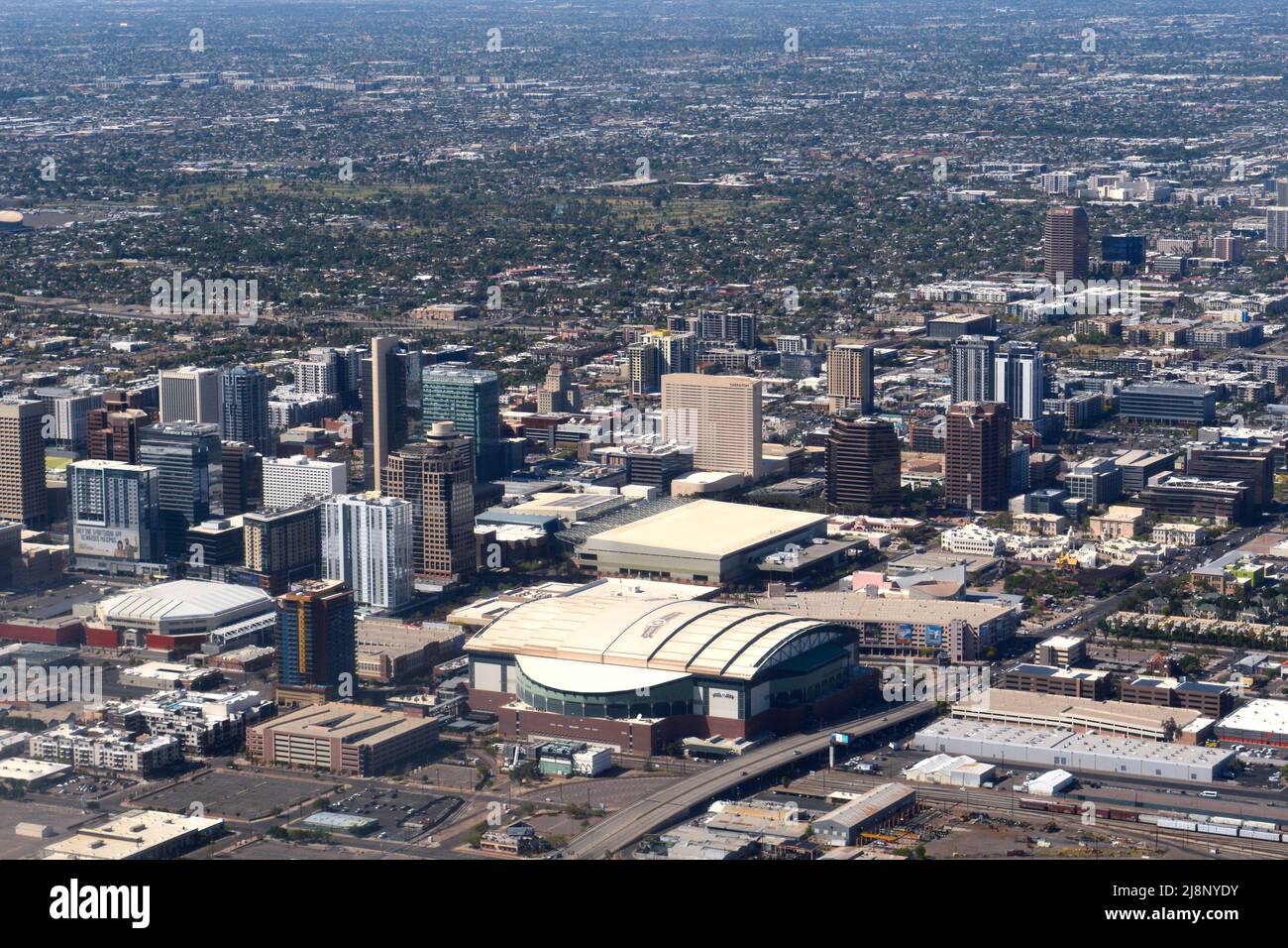 Aerial view of Phoenix, Arizona, from an aircraft window as the plane ...
