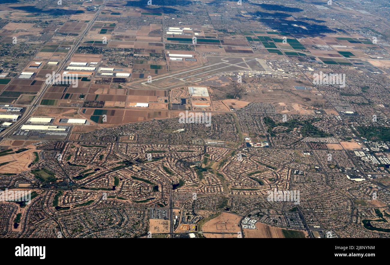 Aerial view over Glendale, Arizona, with Luke Air Force Base in the ...