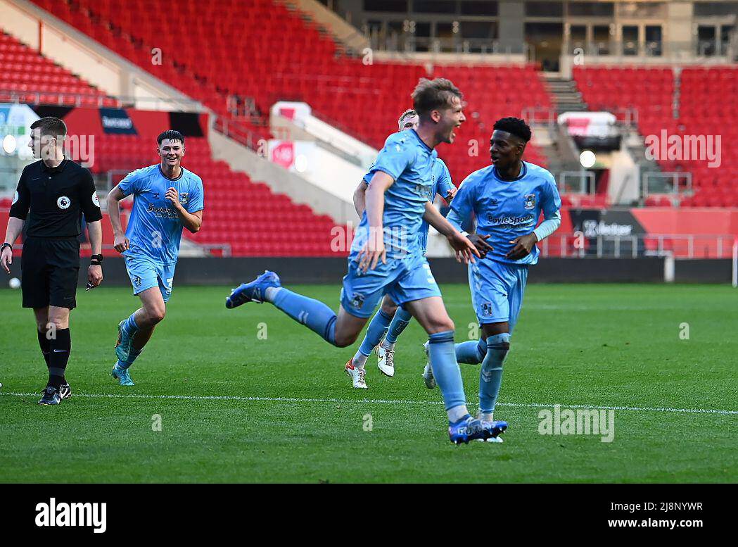 Coventry City's George Burroughs celebrates scoring their side's third ...
