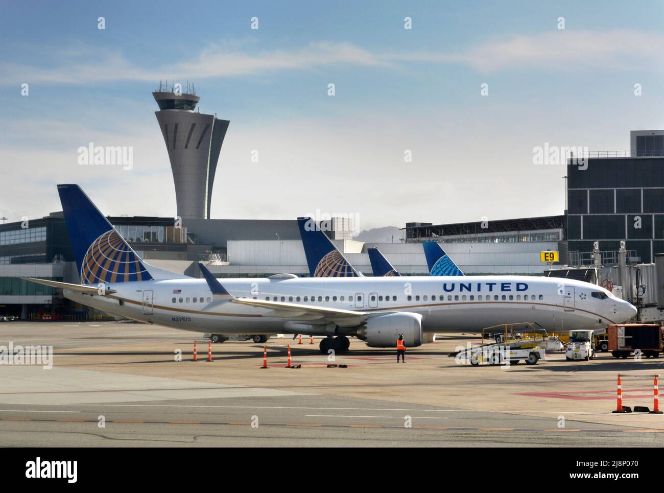 A United Airlines Boeing 737 MAX passenger aircraft at a gate at San ...