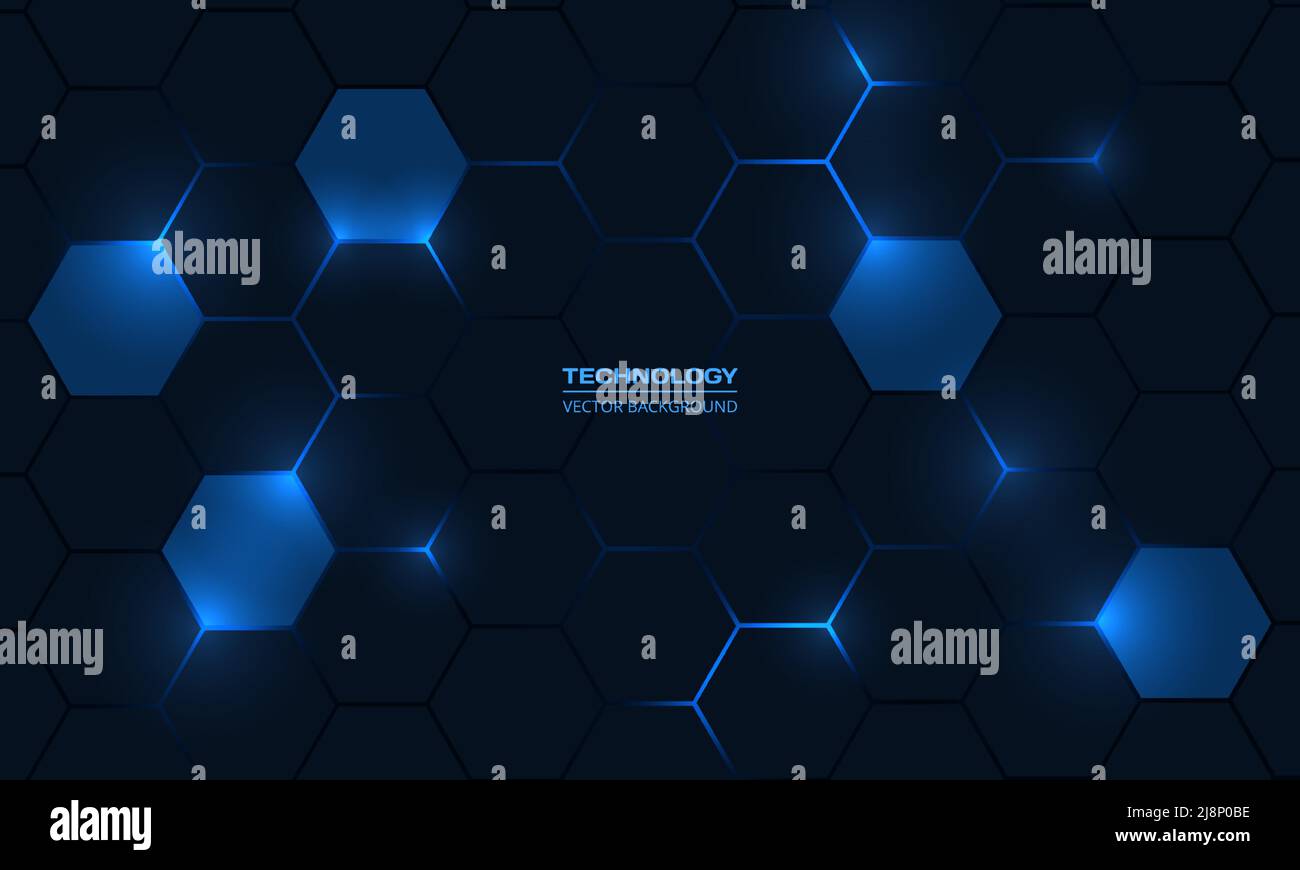 Dark blue hexagonal technology vector abstract background. Blue bright energy flashes under ...