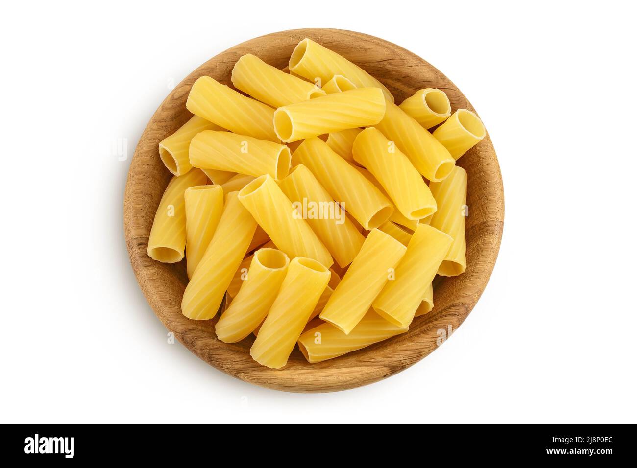 raw italian Rigatoni pasta in wooden bowl isolated on white background ...